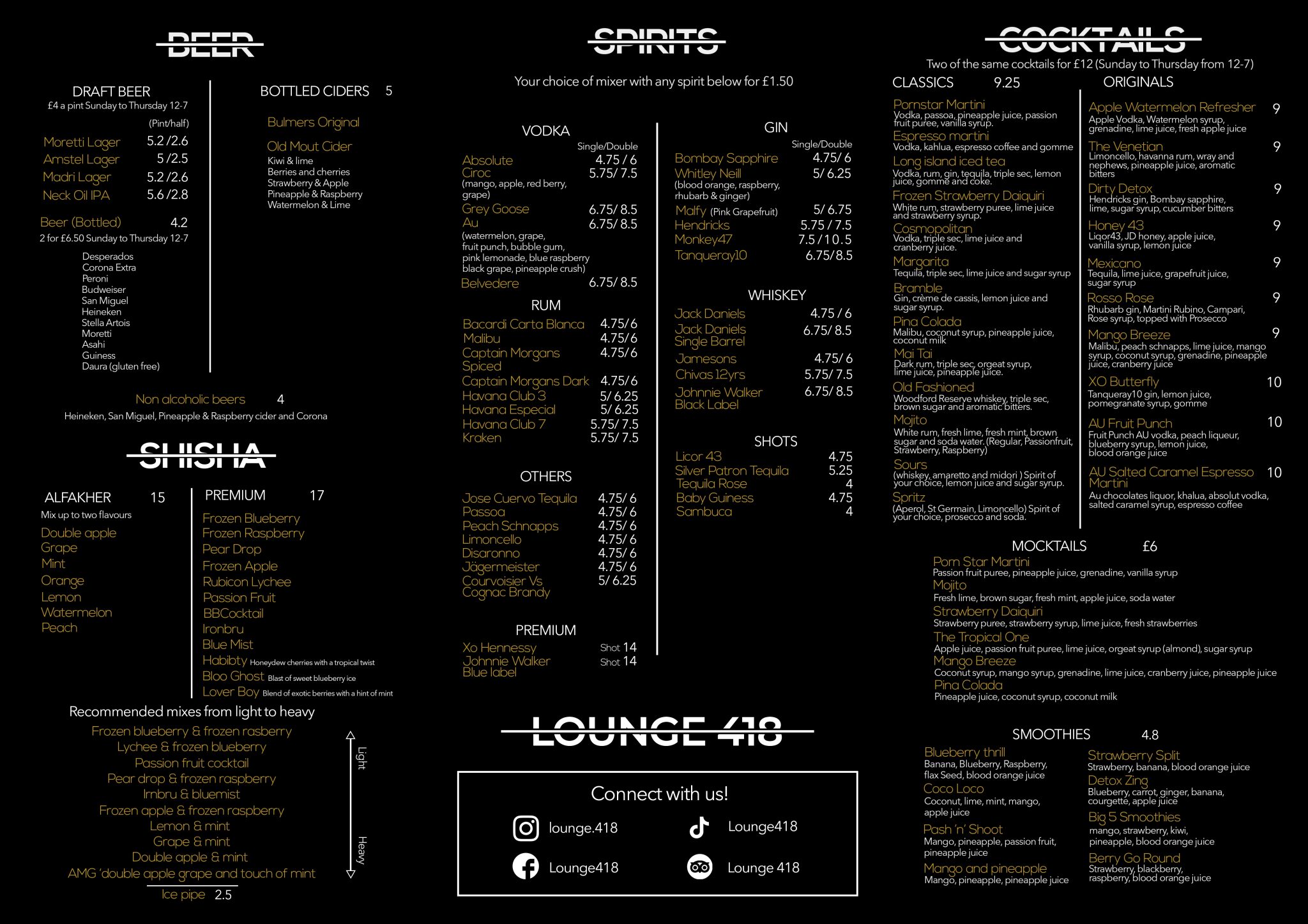 Food, Drink and Shisha Menu - Lounge 418