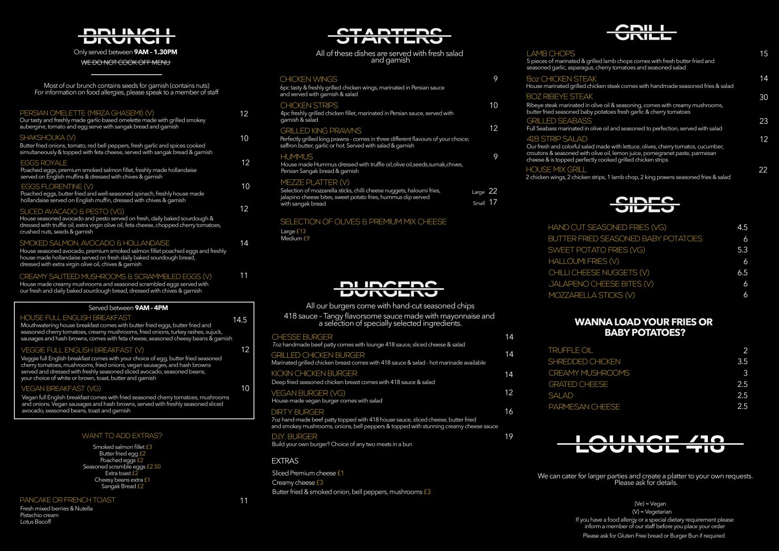 Food, Drink and Shisha Menu - Lounge 418